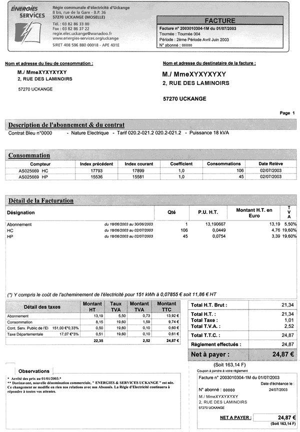 Energies Services : Régie d'électricité d'Uckange - Comprendre sa facture