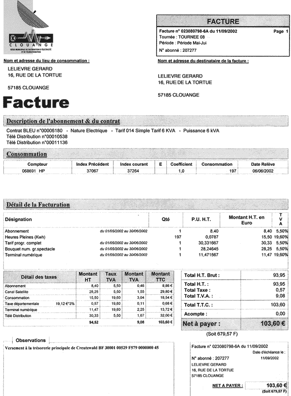 Energies Services : Régie d'électricité de Clouange - Votre facture